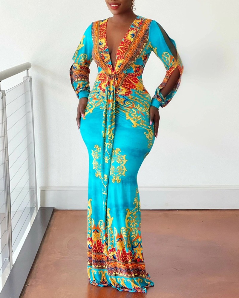 Vestido largo con escote en V profundo y manga dividida con estampado ...