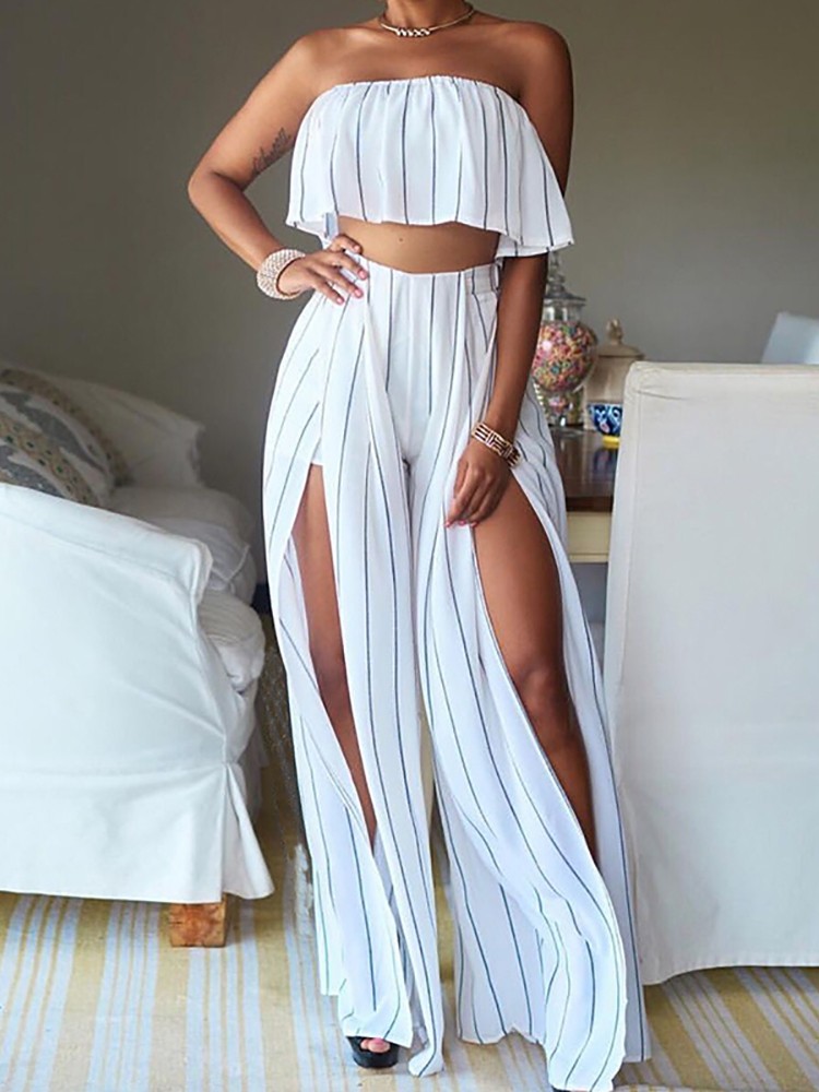 High Slit Striped Ruffles Cropped Strapless Pantsuit