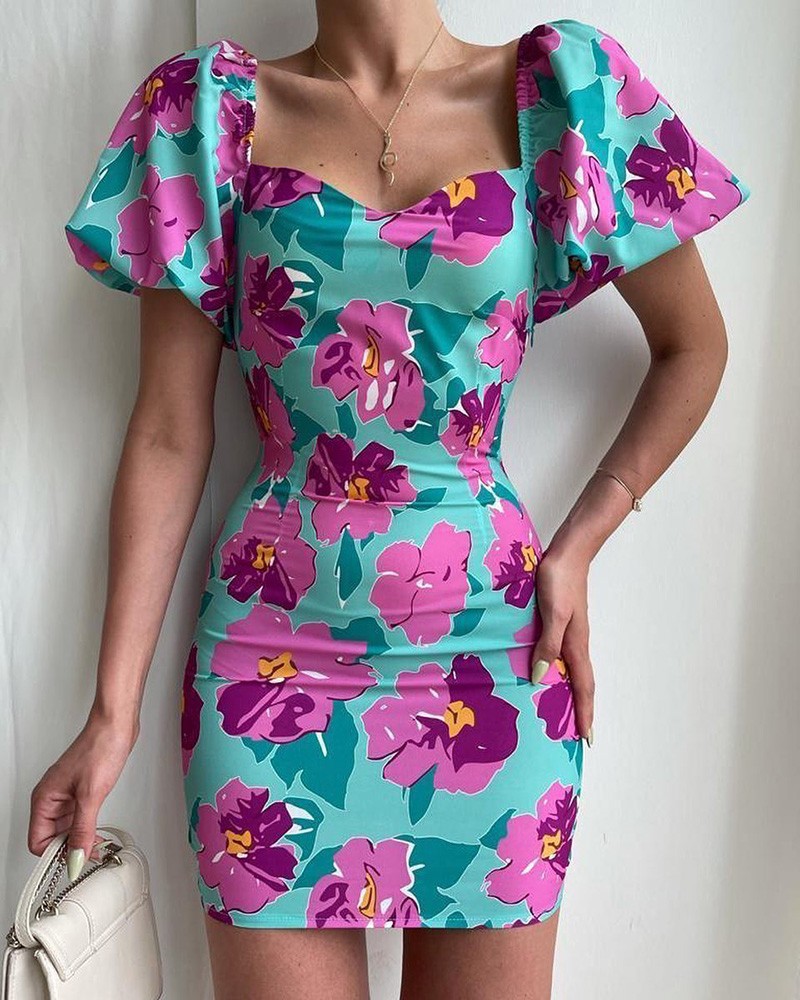 Puff Sleeve Floral Print Bodycon Dress