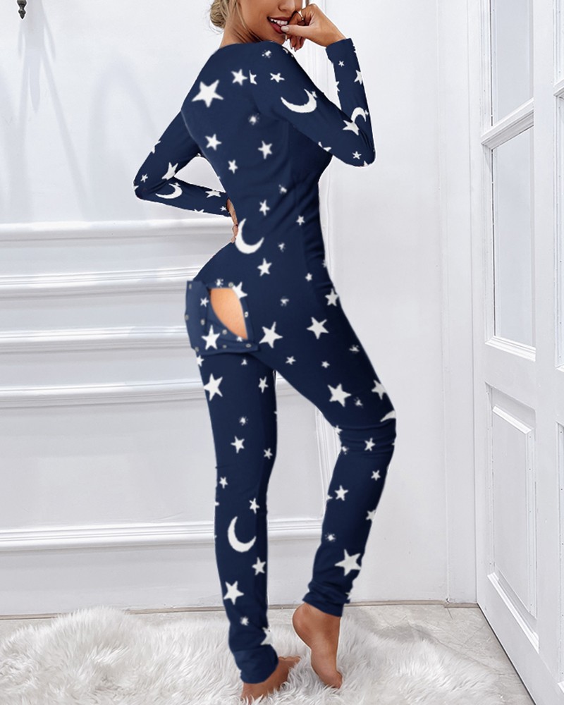 Star Moon Print Functional Buttoned Flap Adults Pajamas
