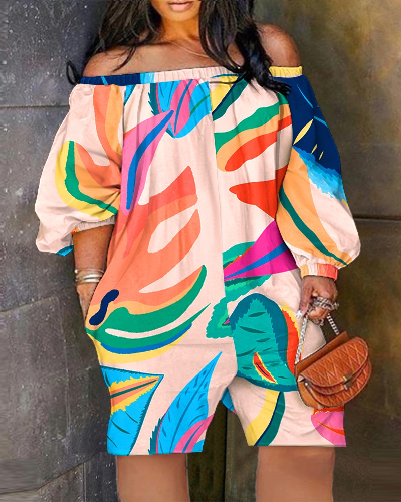 Plus Size Tropical Print Off Shoulder Romper