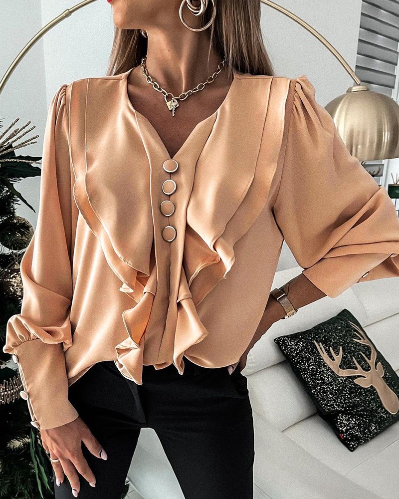 Lantern Puff Sleeve Knäppt volanger Casual Top