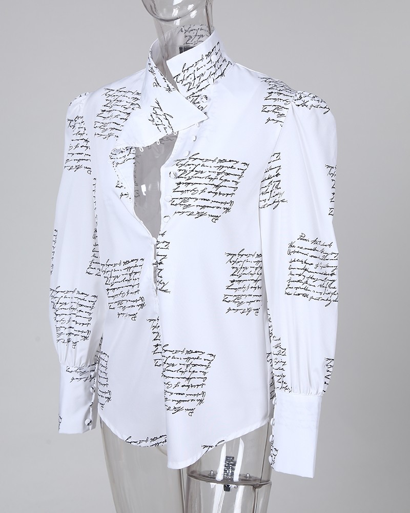 Stand Neck Letter Print Buttoned Shirt