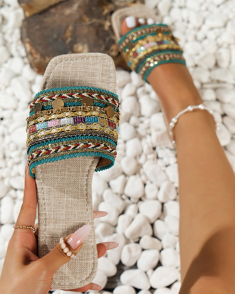 Bohemian Tribal Wide Strap Beach Slippers