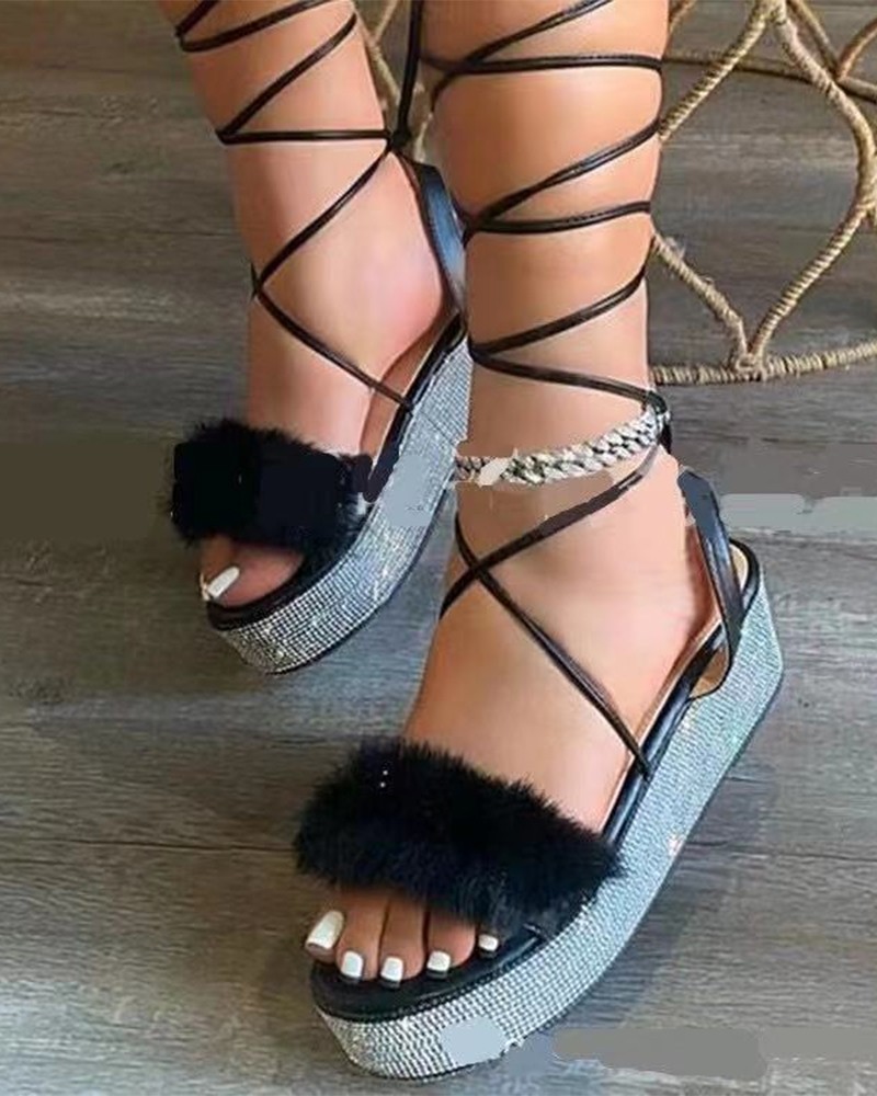 Multicolor Fluffy Upper Strappy Flat Sandals