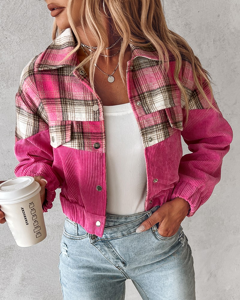 Colorblock Plaid Print Crop Corduroy Jacket