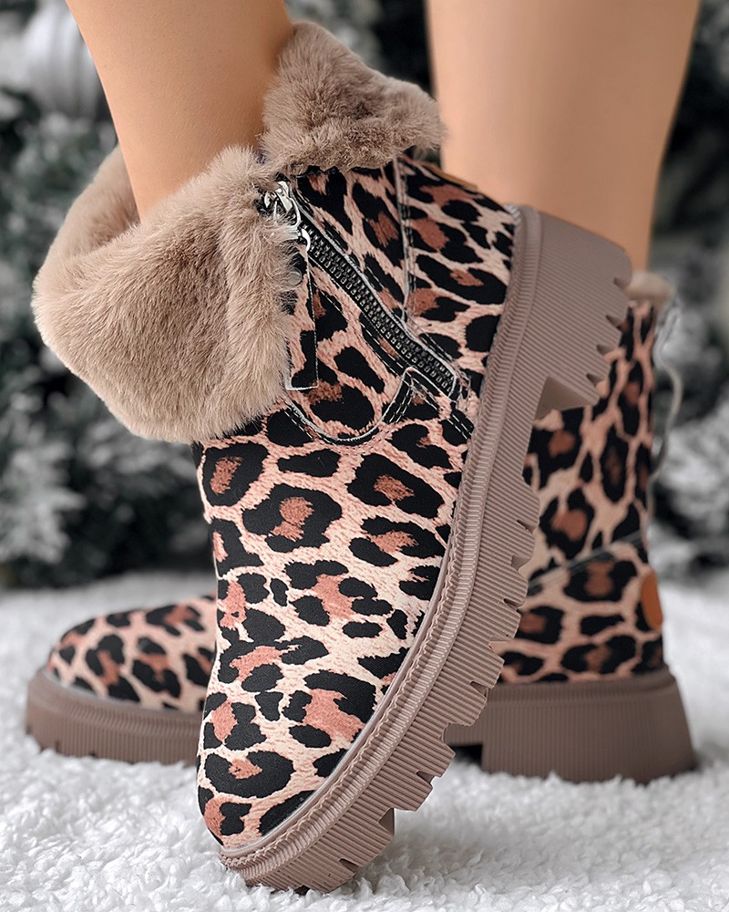Leopard Platform Fuzzy Detail Lined Snow Boots