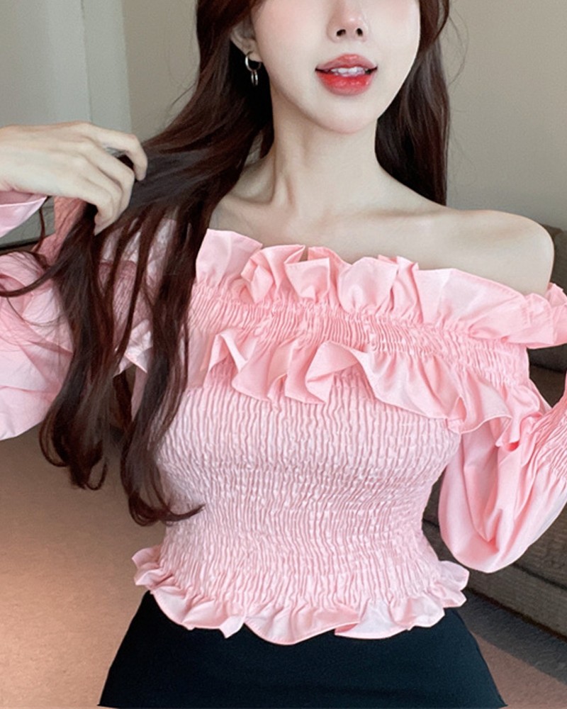 Frill Hem Shirred Off Shoulder Top