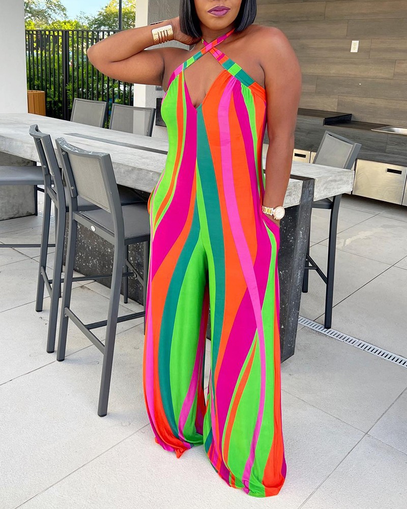 Colorblock Halter Backless Wide Leg Jumpsuit