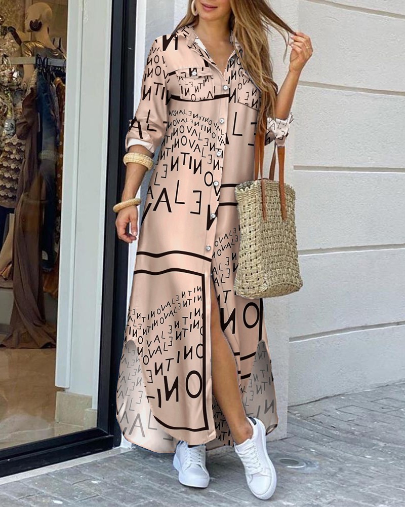 Letter Print Button Down Shirt Dress