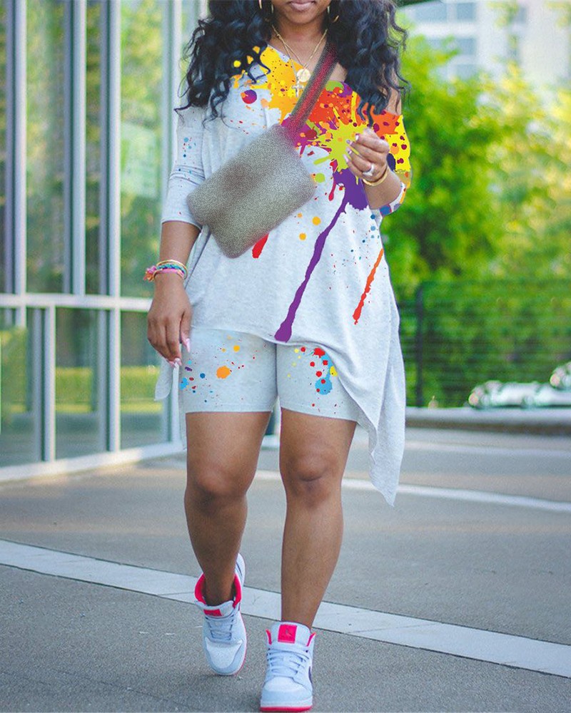 Splash Ink Print Colorblock Long Sleeve Top & Shorts Set