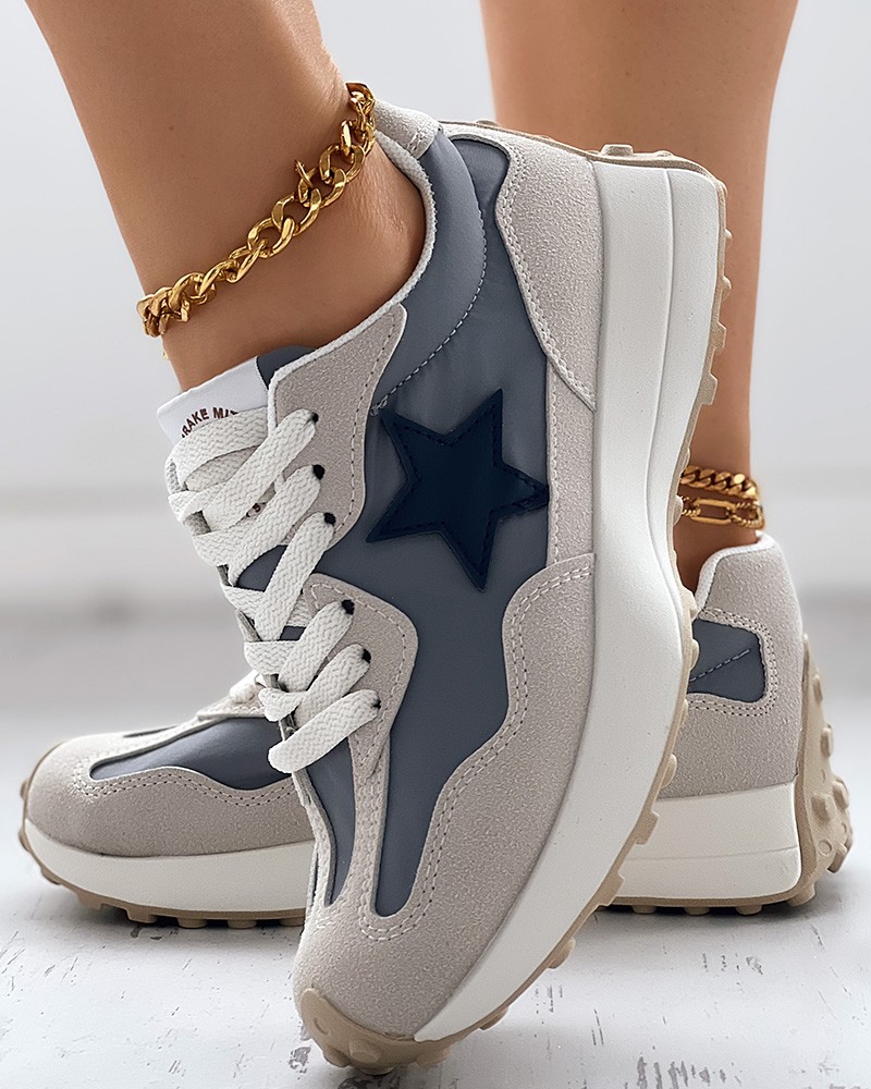 Colorblock Star Pattern Lace-up Muffin Sneakers