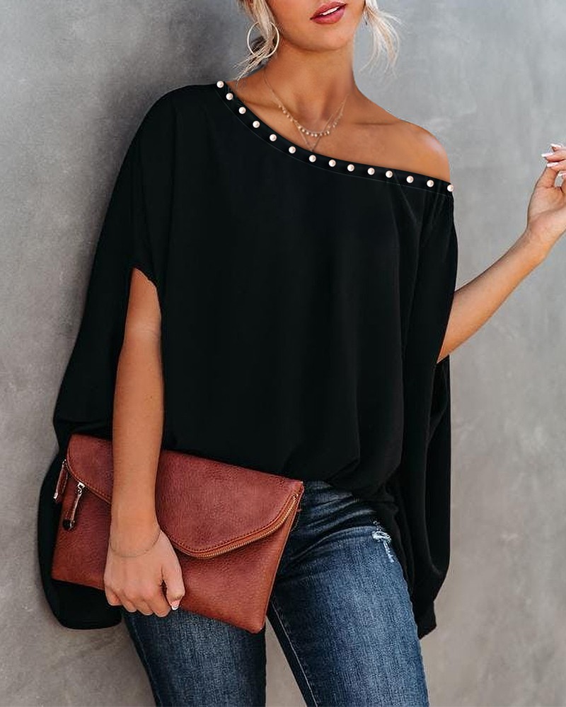 Beaded Decor Batwing Sleeve Cape Design Top