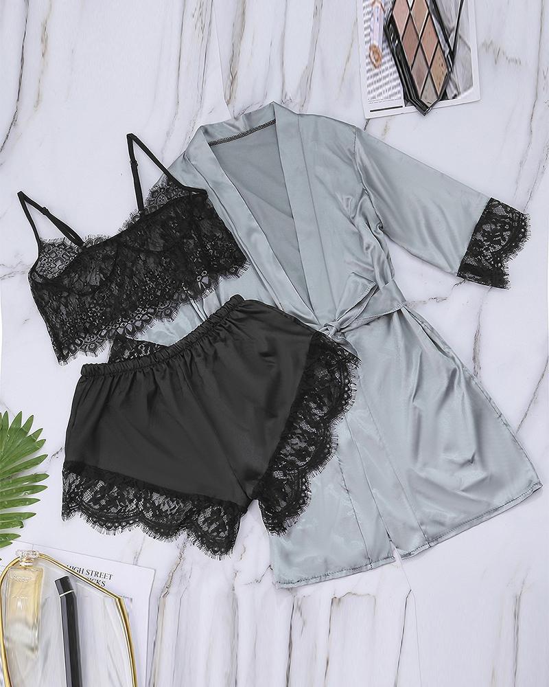 Satin Lace Nightgown Three-piece Pajamas