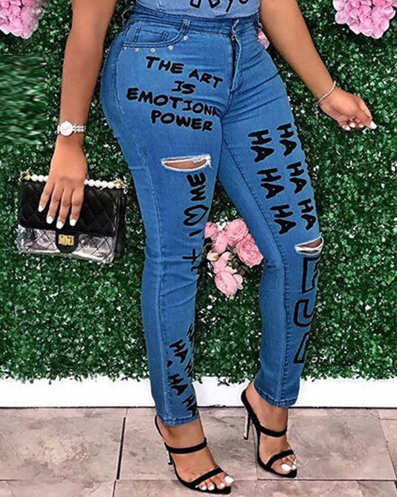 Letter Print Cutout Ripped Skinny Jeans