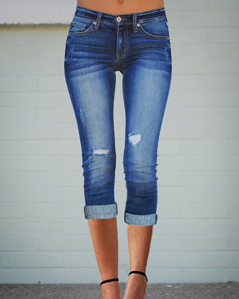 Low Waist Pocket Design Ripped Capris Jeans