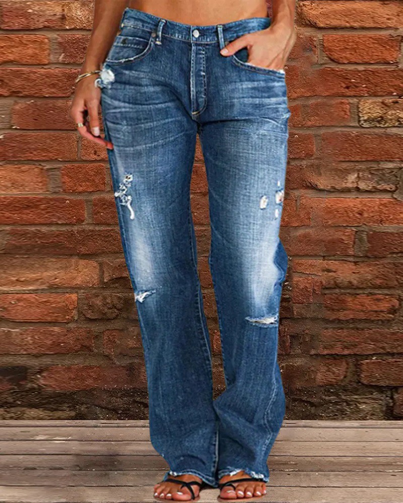 Ripped Low Waist Straight Leg Jeans