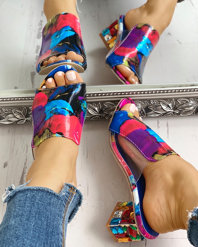 Croc Embossed Rhinestone Chunky Heels