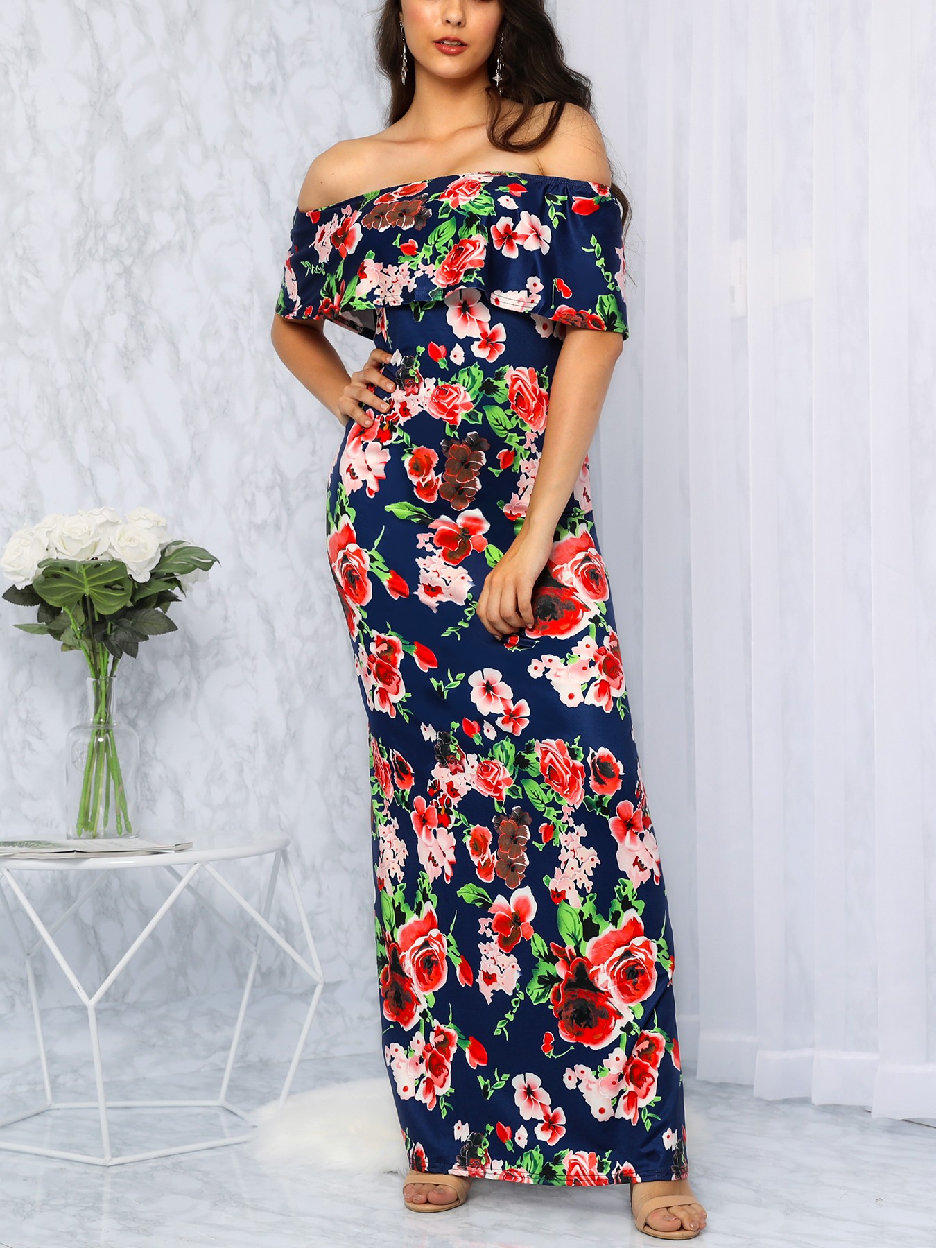 Floral Print Off Shoulder Fold-Over Maxi Dress