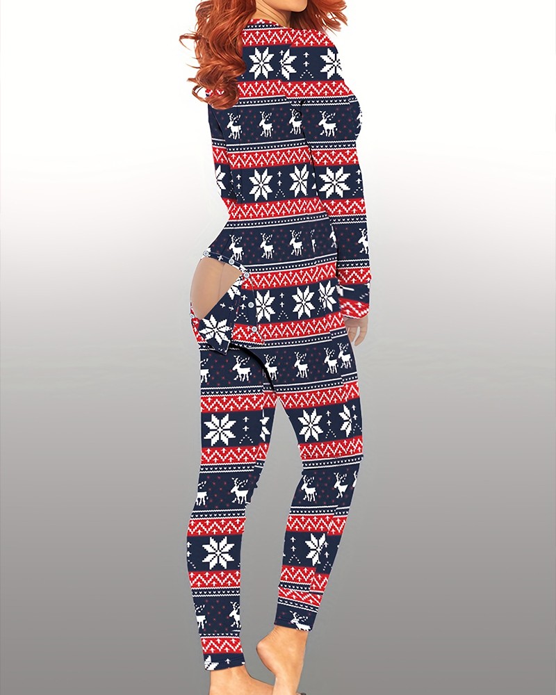 Christmas Functional Buttoned Flap Adults Pajamas
