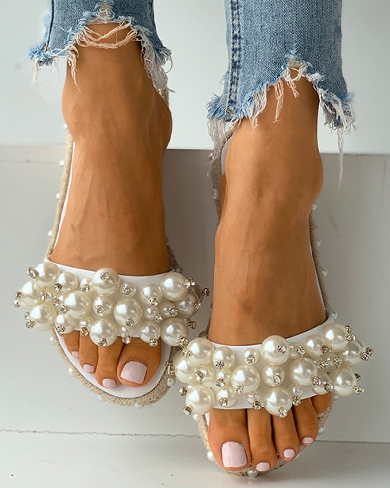 Studded Decor Faux Pearl Slippers