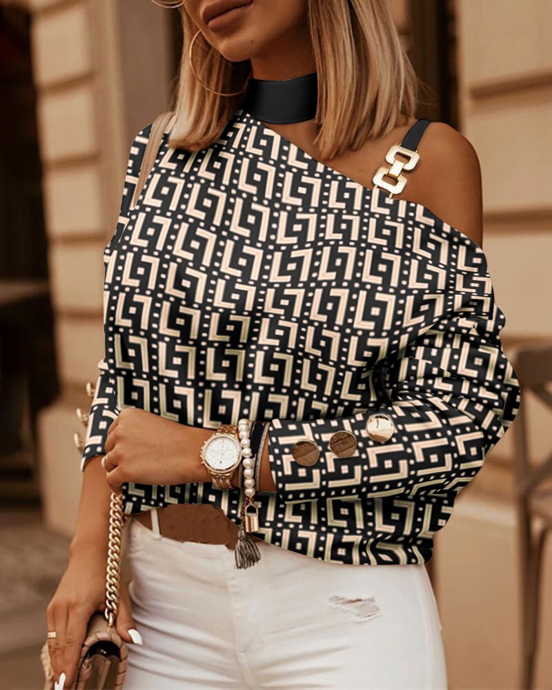 Geometric Print Chain Strap Cold Shoulder Top