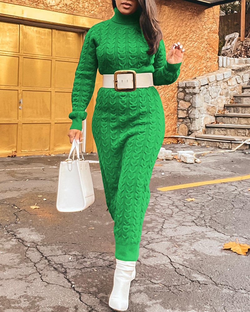 Cable Knit High Neck Long Sleeve Dress