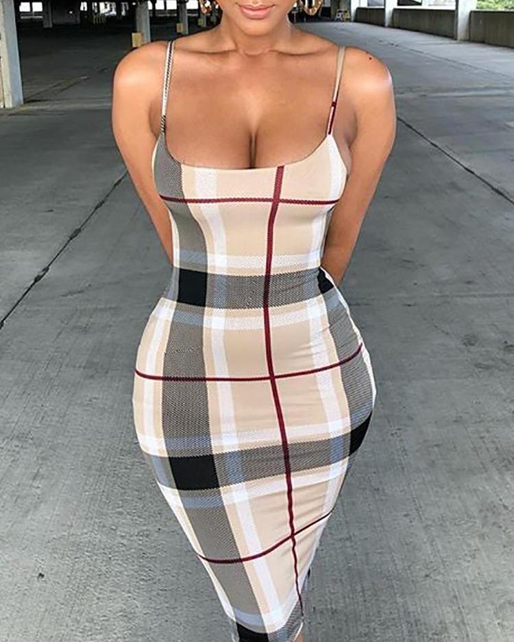 Sexy Grid Spaghetti Strap Midi Dress