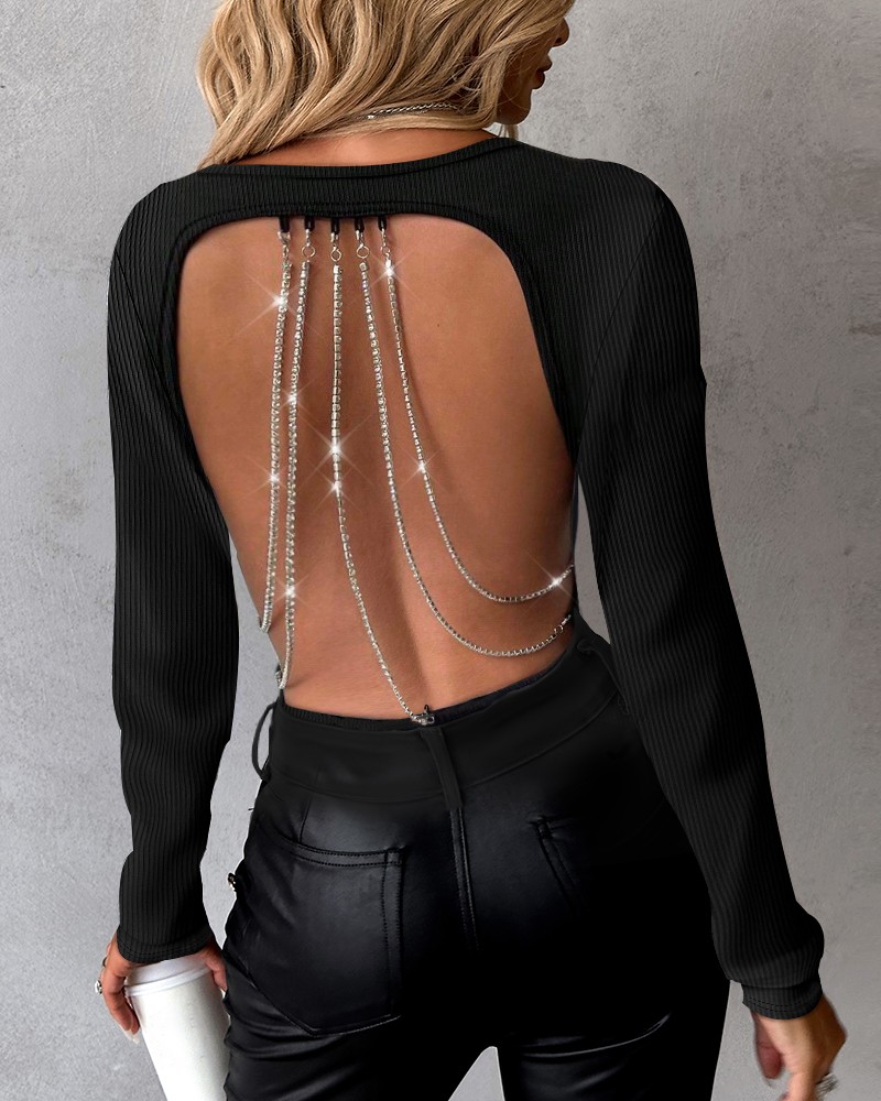 Rhinestone Chain Strap Backless Bodysuit