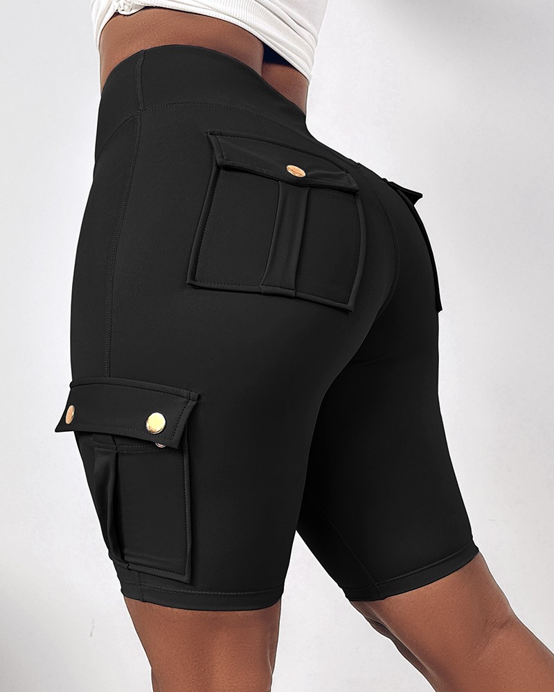 Tummy Control Butt Lifting Active Shorts High Waist Flap Pocket Workout