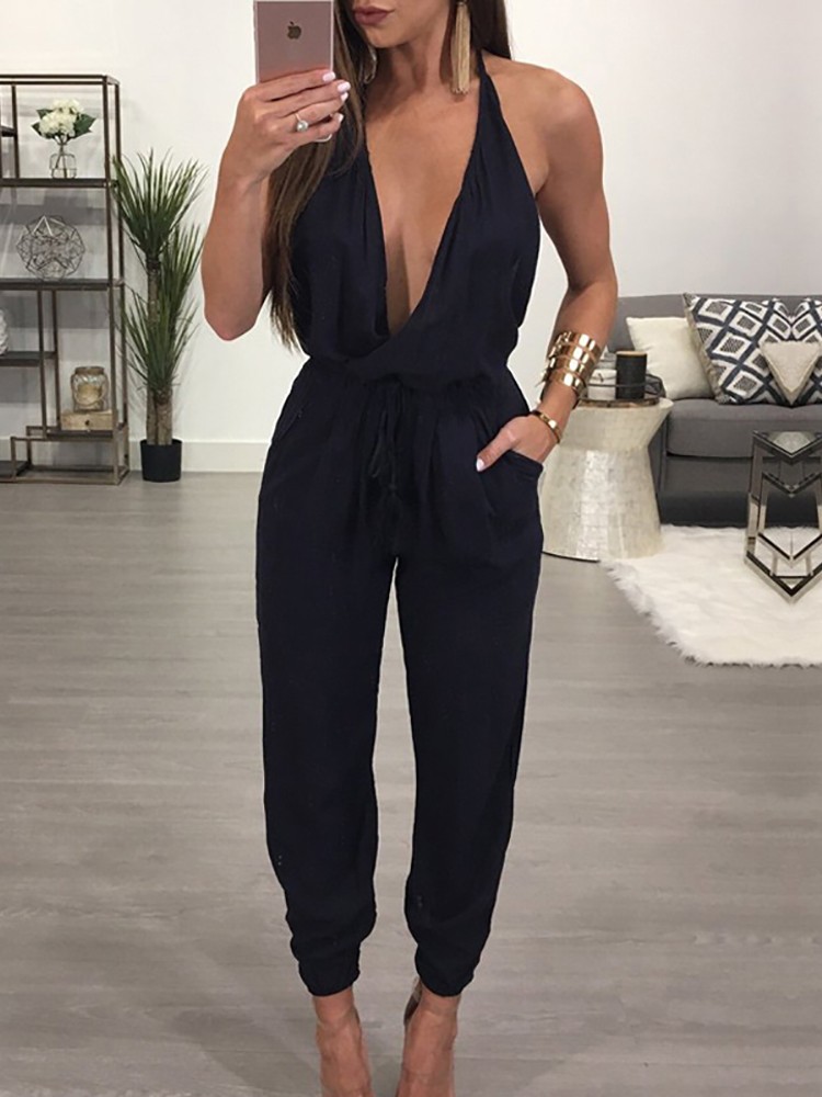 Low Cut Side Split Halter Casual Jumpsuit