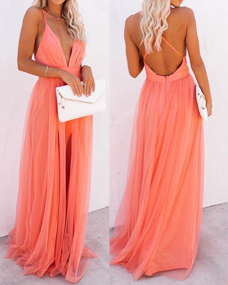 Crisscross Backless Mesh Patch Party Dress