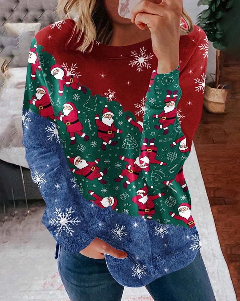 Christmas Santa Print Colorblock Sweatshirt