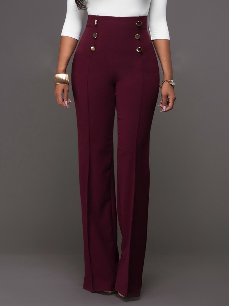 Wome Button Design High Waist Long Casual Wide Leg Pants