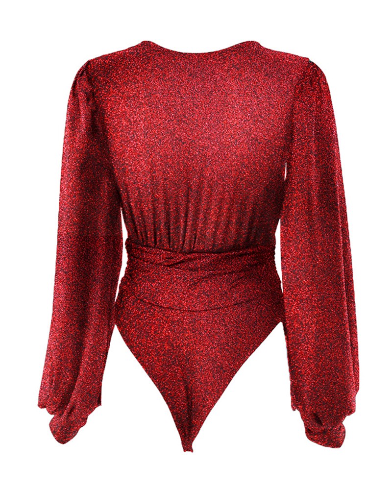 Plunge Lantern Sleeve Christmas Print Glitter Bodysuit