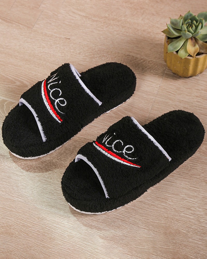 Fuzzy Letter Pattern Platform Slippers