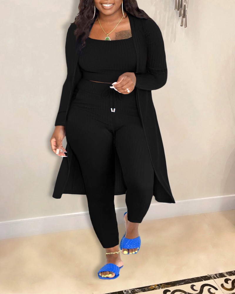3PCS Plus Size Ribbed Cami Top & Pants Set With Longline Coat