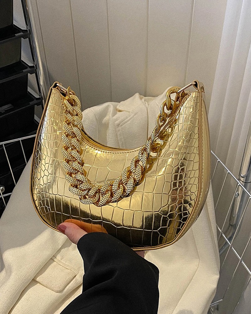 Chain Crocodile Pattern Handle Clutch Purse Leather Handle Shoulder Handbag