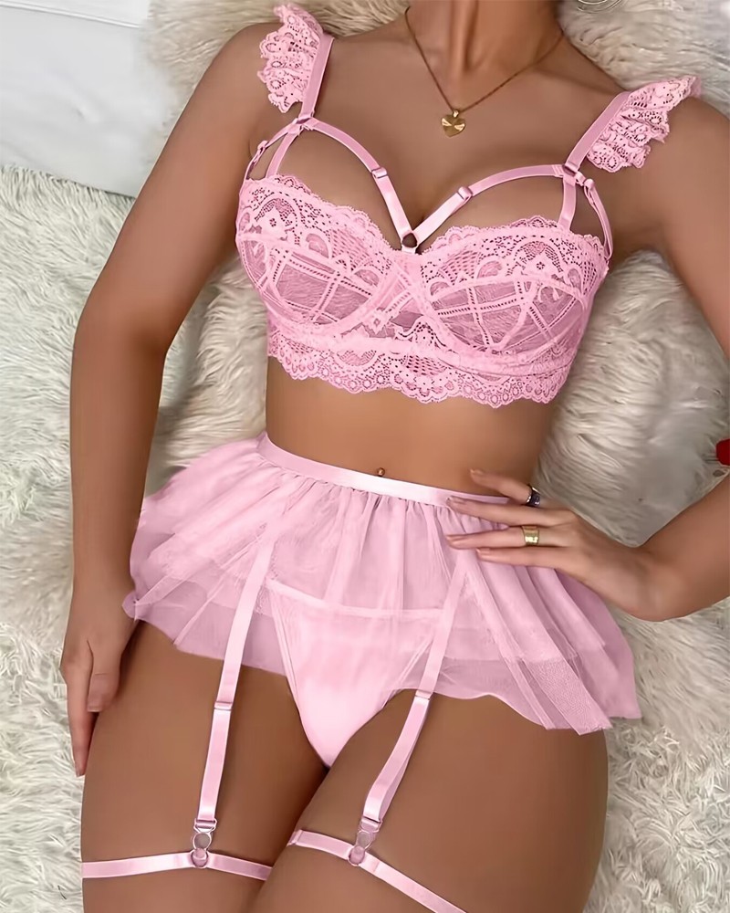 Sheer Mesh Lace Garter Lingerie Set