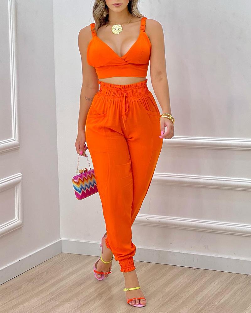 Plain Crop Top & High Waist Pants Set