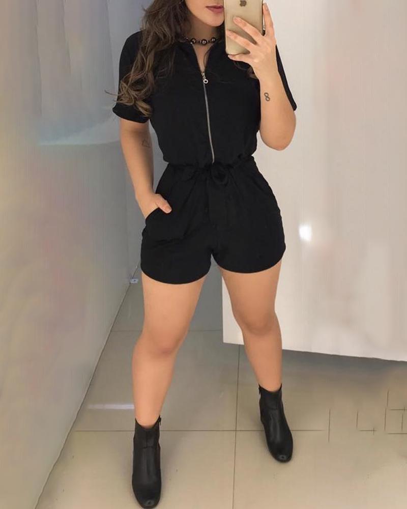 Short Sleeve Zipper Design Romper