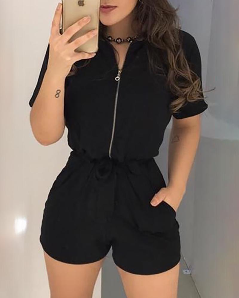 Short Sleeve Zipper Design Romper