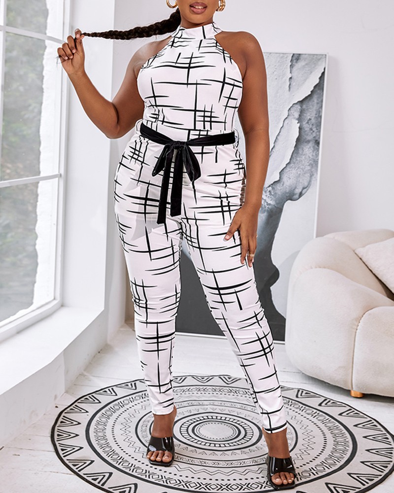 Sleeveless Allover Print Jumpsuit With Belt