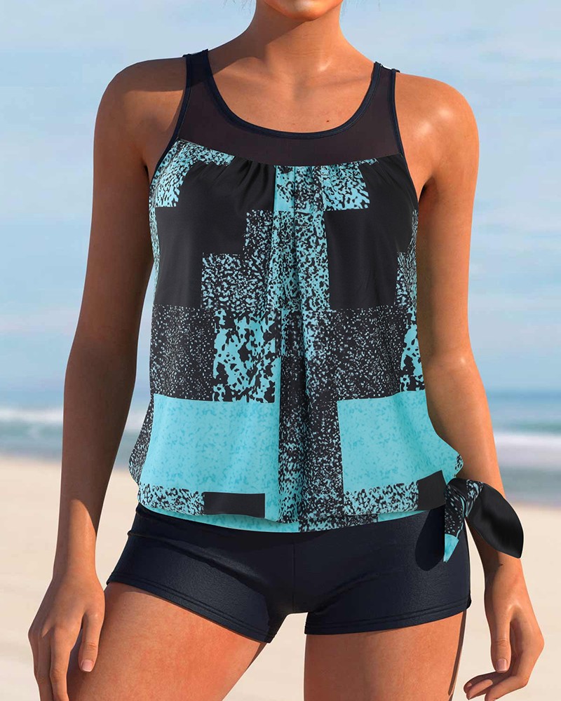 Paisley Print Contrast Mesh Tankini Set