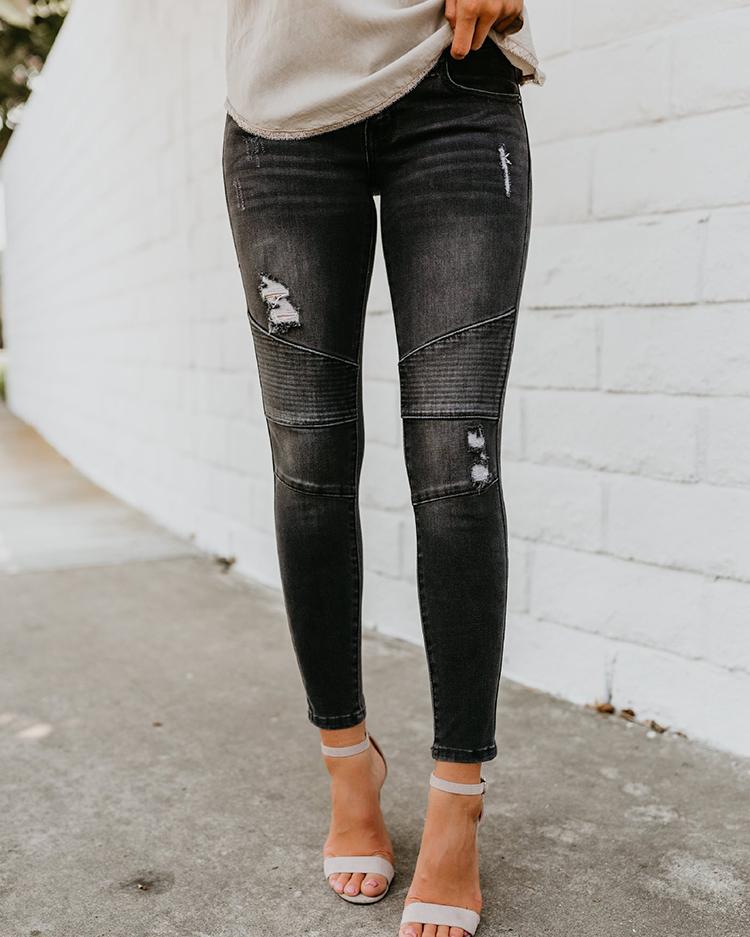Solid Denim Ruched Ripped Fringes Pencil Jeans