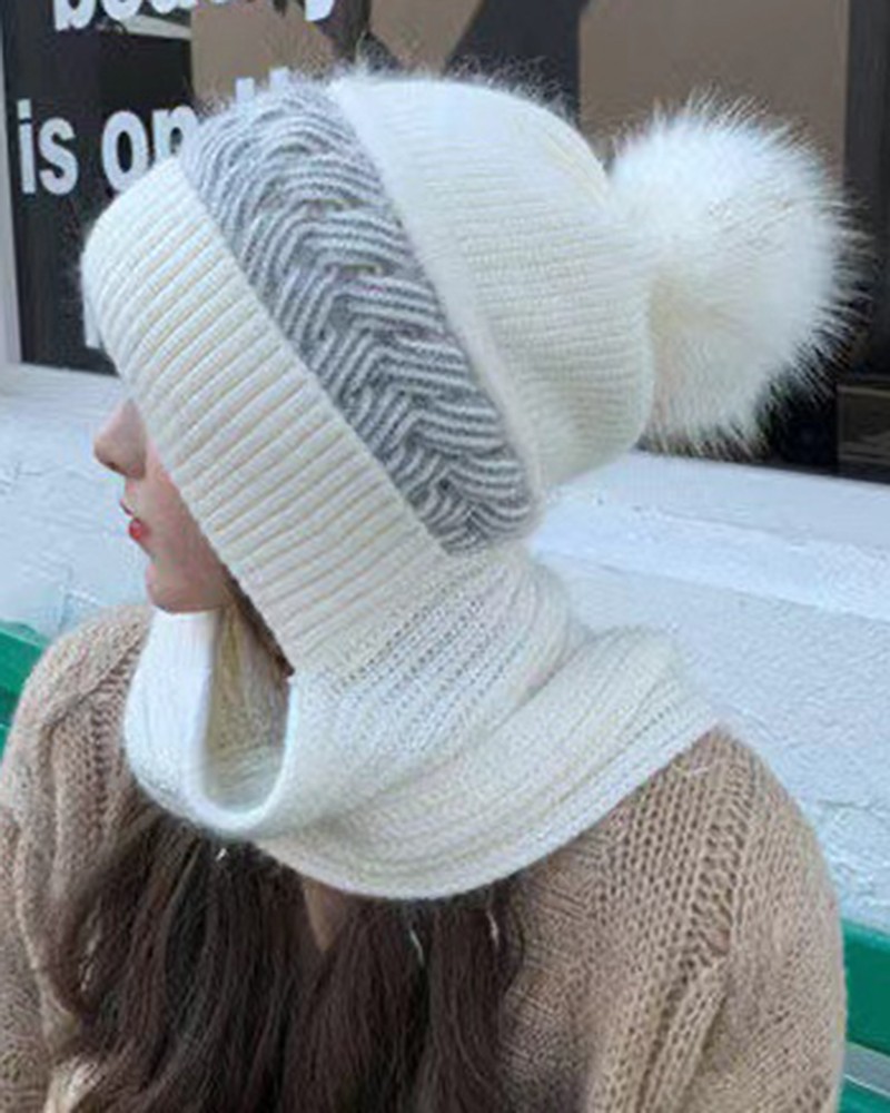 Colorblock One-Piece Scarf Mask Knitted Bennie Hat With Pom Pom