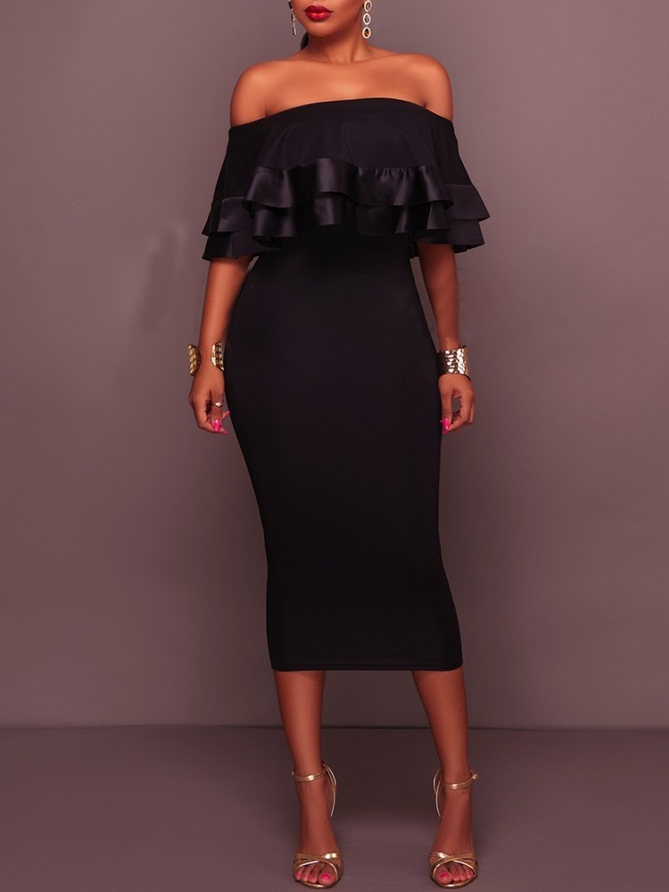Ruffled Off Shoulder Bodycon Midi Dress