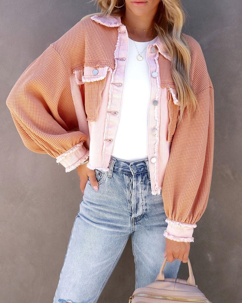 Patchwork Raw Hem Long Sleeve Shacket