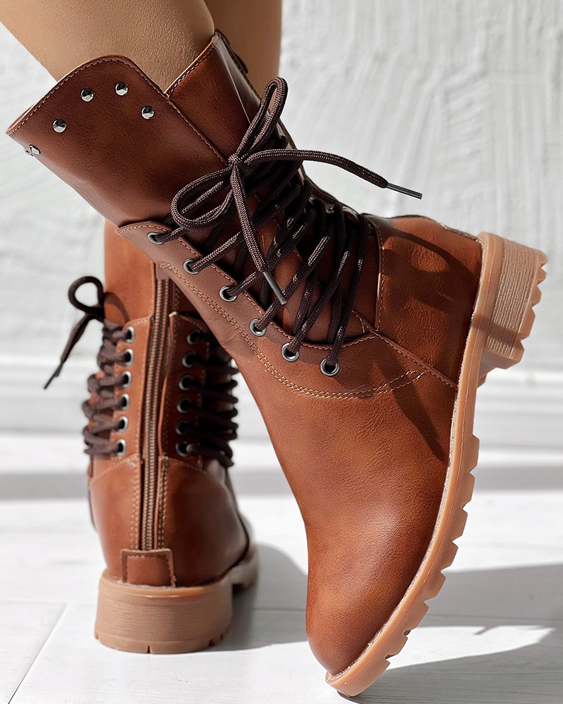 Studded Side Lace-up Chunky Heel Ankle Boots