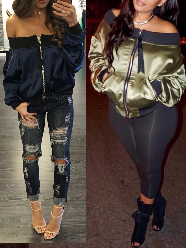 Autumn Fashion Zipper Off Shoulder Bomber Jacket Online. Discover ...